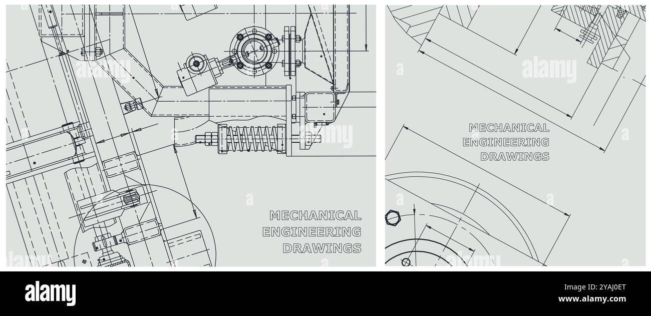Blueprints set. Engine line drawing background. Mechanical engineering ...