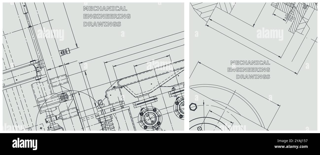 Blueprints set. Engine line drawing background. Mechanical engineering ...