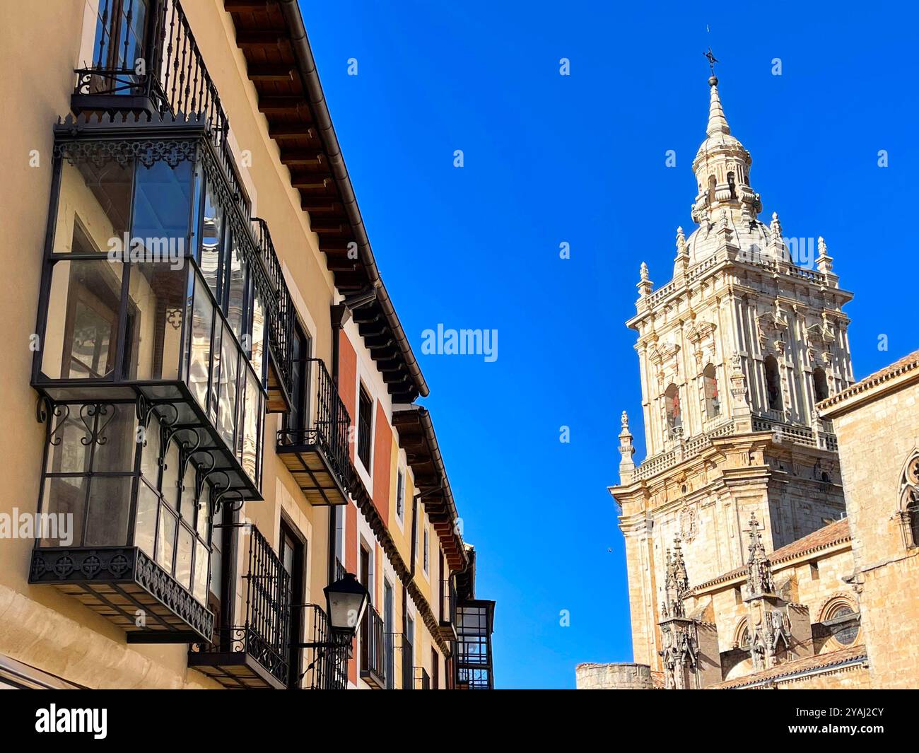 Facades of houses and tower of the cathedral. El Burgo de Osma, Soria ...