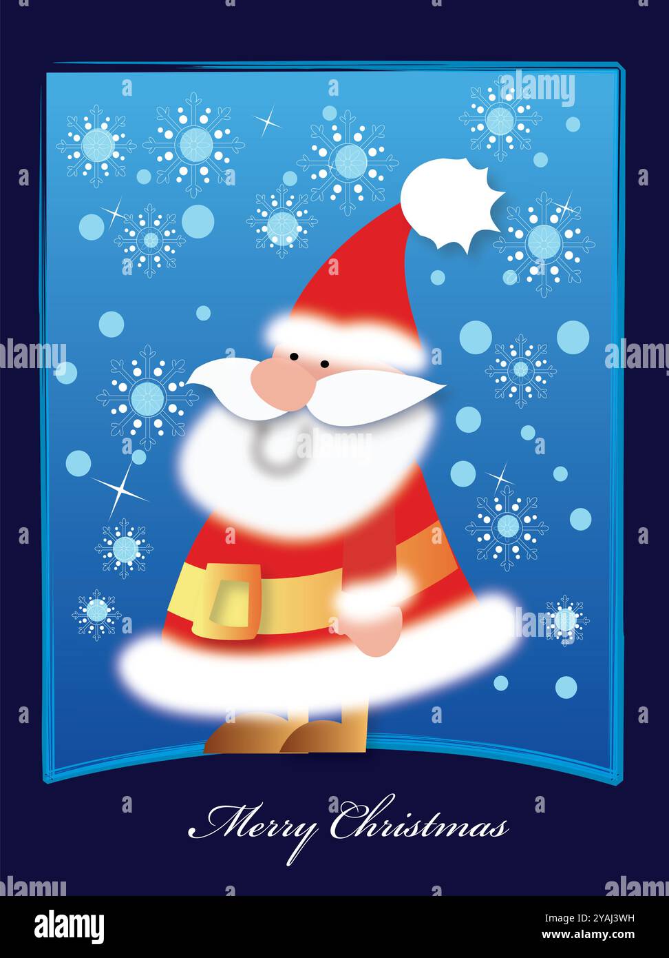 Blue and white Christmas card with a red santa wearing a hat. The santa ...