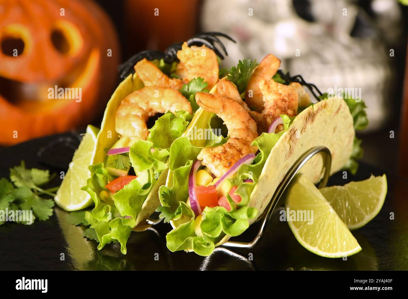 Festive serving of Crispy Fried Shrimp Tacos for Halloween Stock Photo ...