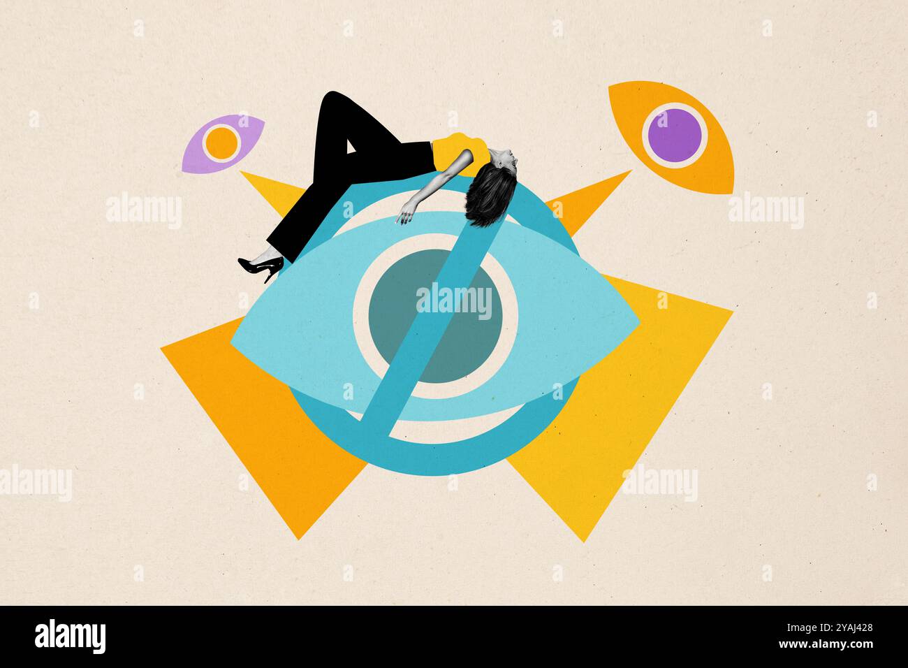 Creative collage picture young girl suffer espionage eyes face fragment ...