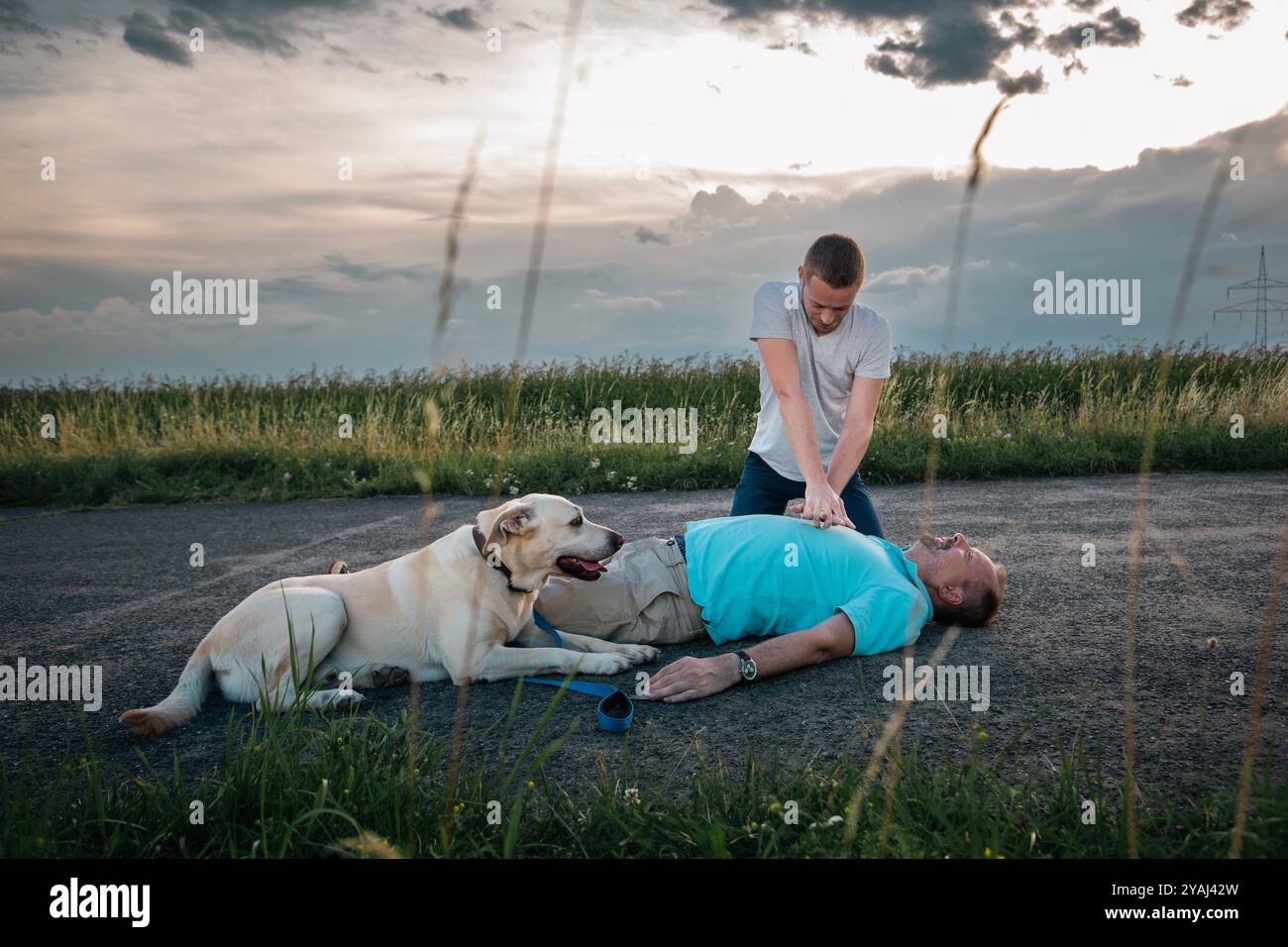 Dramatic resuscitation on rural road. Man provides first aid to ...