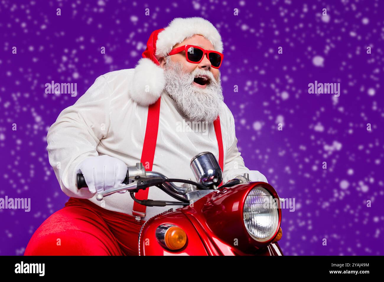 Photo of santa claus role man riding newyear x-mas theme party by bike ...