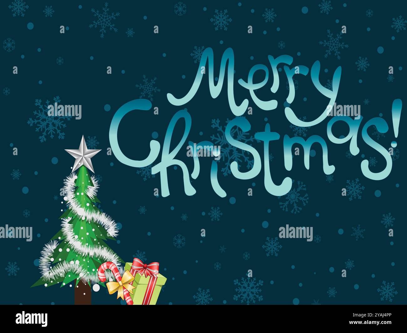 Merry christmas! A blue background with a tree and presents. The tree ...