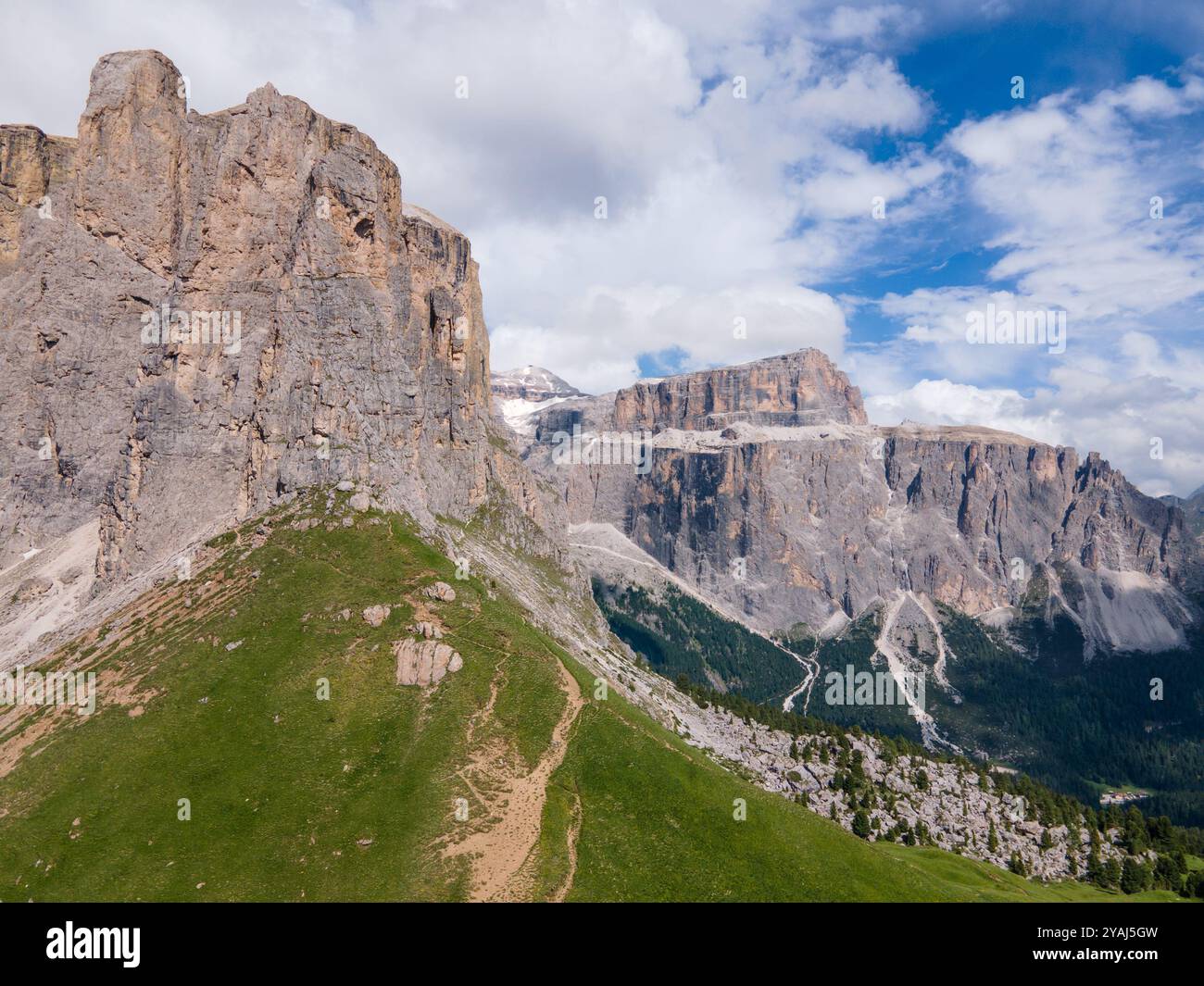 View of Sass Pordoi from Torri del Sella towers. Sella Pass, Fassa and ...