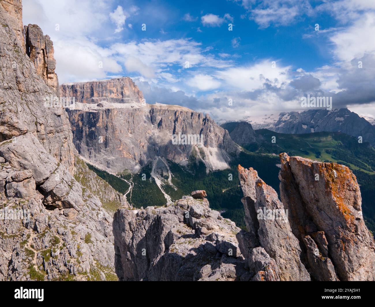 View of Sass Pordoi from Torri del Sella towers. Sella Pass, Fassa and ...
