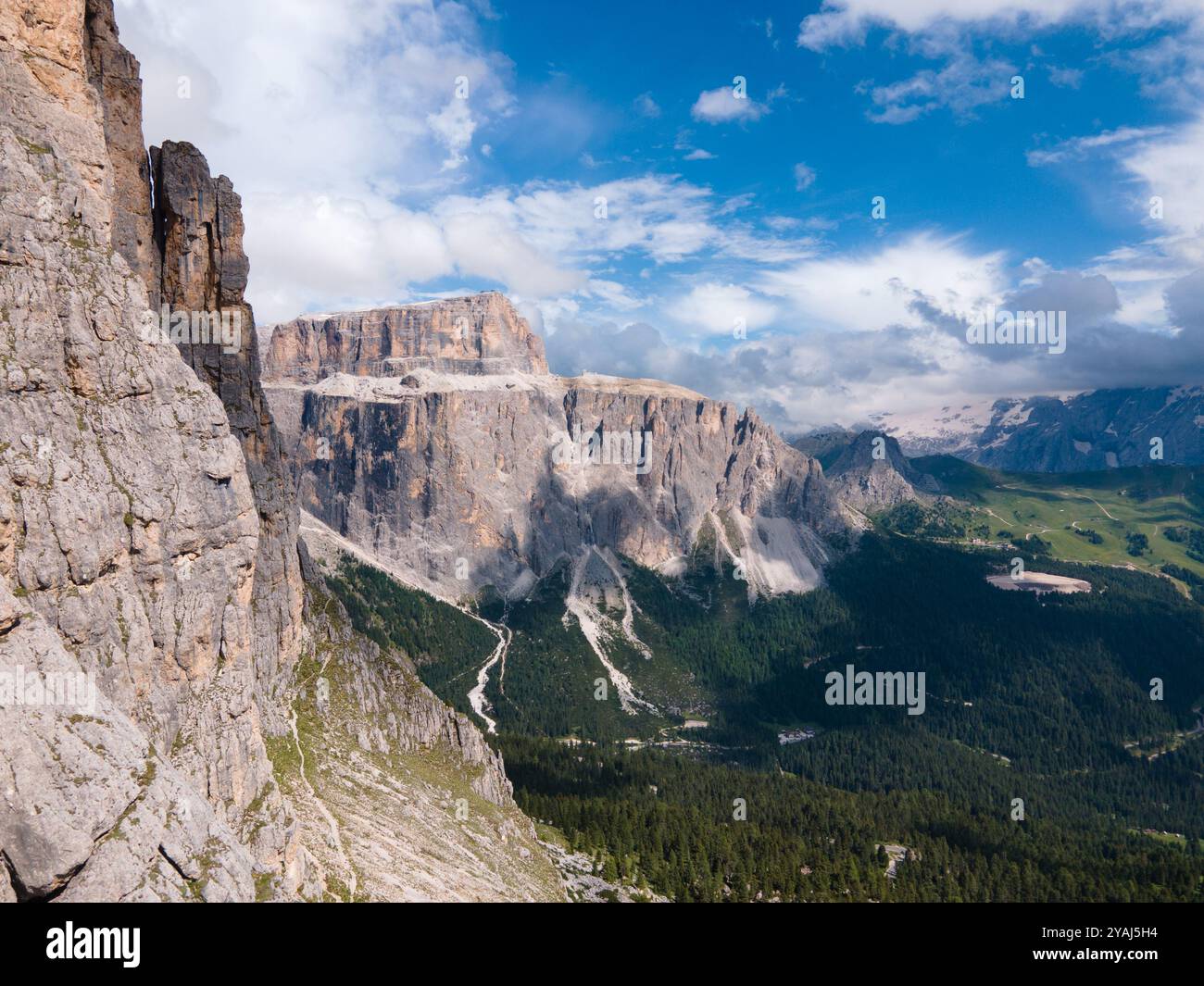 View of Sass Pordoi from Torri del Sella towers. Sella Pass, Fassa and ...