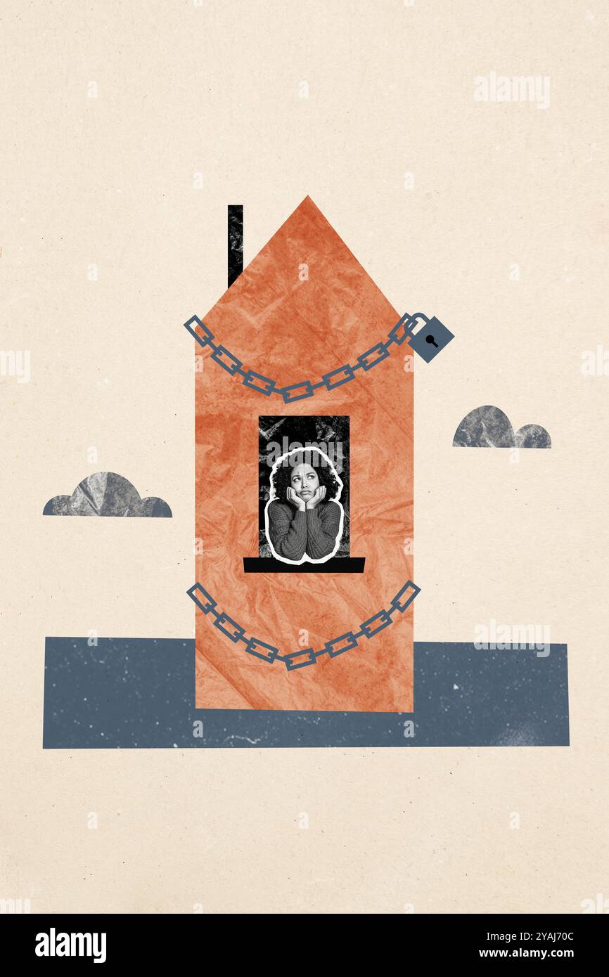 Vertical poster collage young depressed sad woman loneliness locked ...