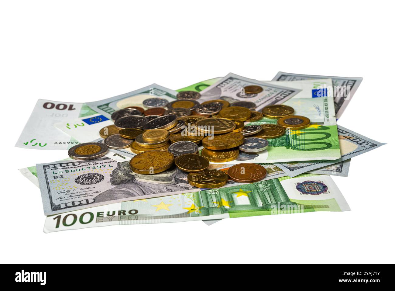 A close-up image showing a mix of euro and dollar bills with various ...