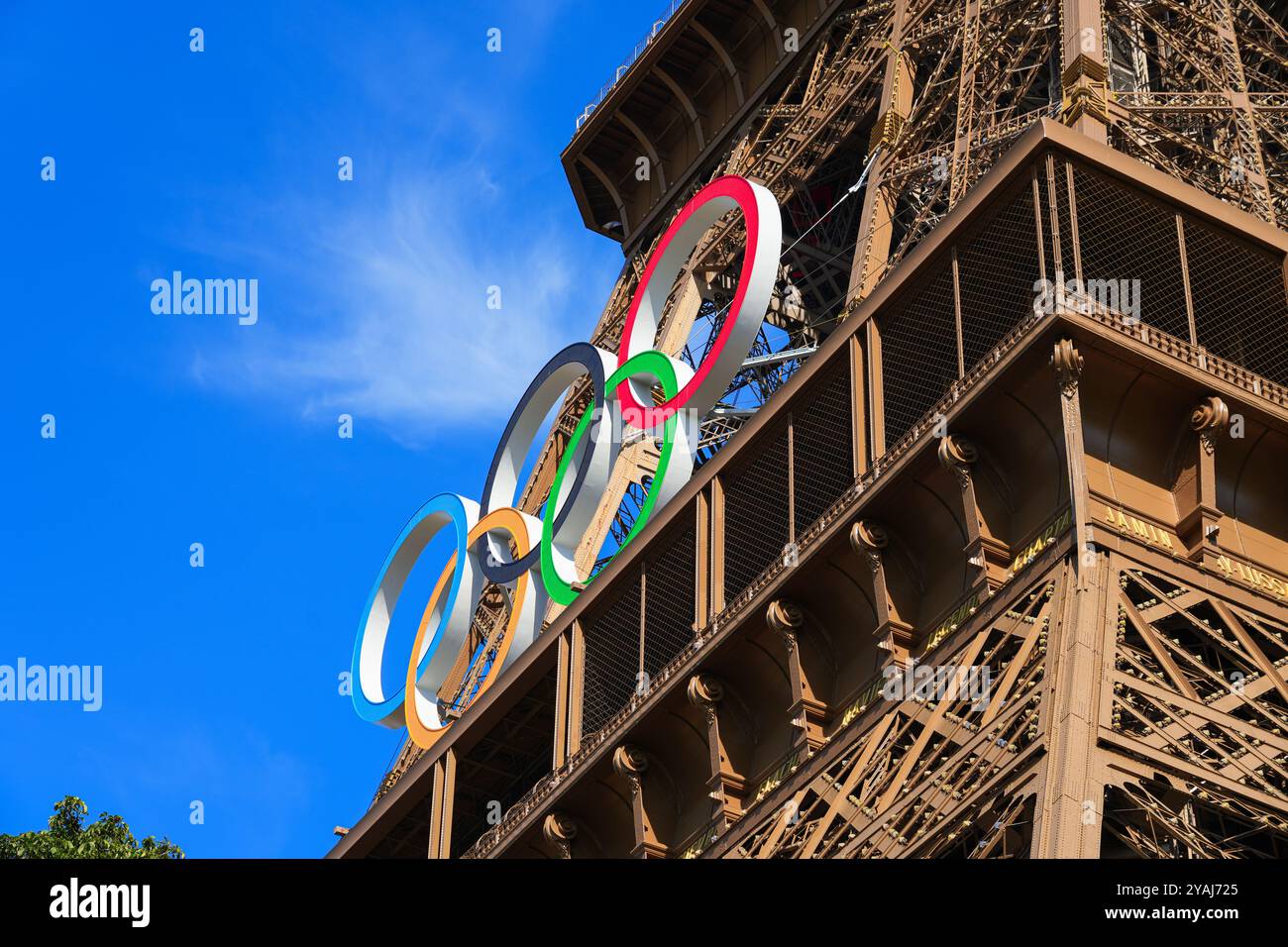 Paris, France - Aug 10, 2024 : Giant LED Olympic rings on the Eiffel ...