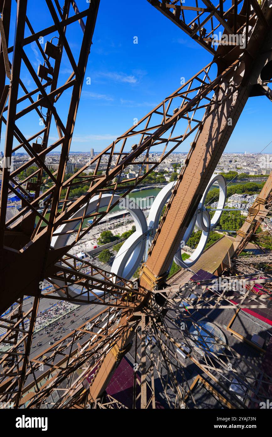 Paris, France - Aug 10, 2024 : Giant LED Olympic rings on the Eiffel ...