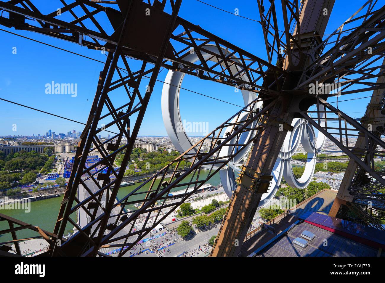 Paris, France - Aug 10, 2024 : Giant LED Olympic rings on the Eiffel ...