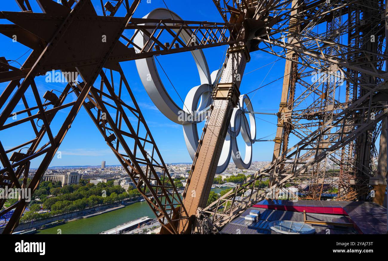 Paris, France - Aug 10, 2024 : Giant LED Olympic rings on the Eiffel ...