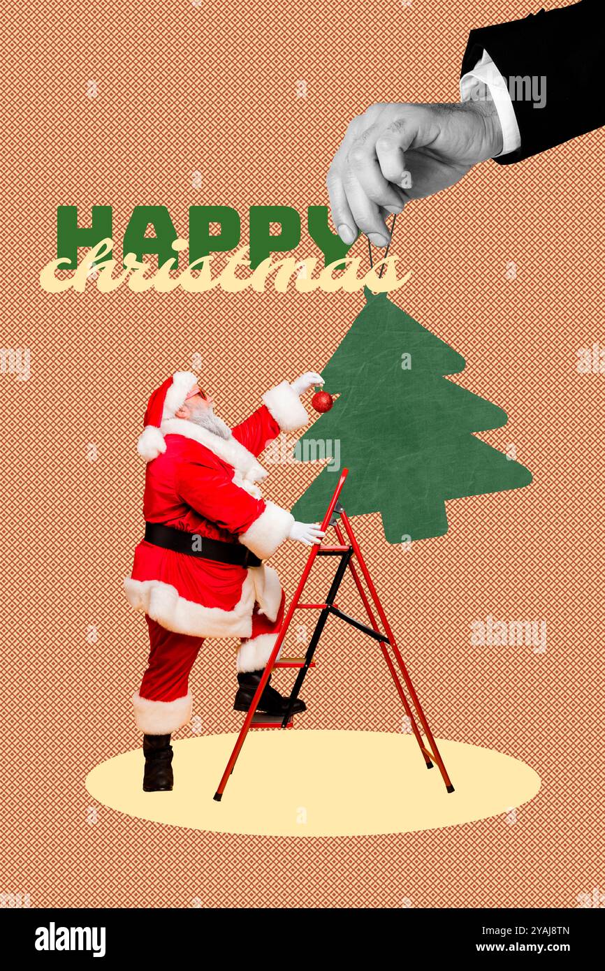 Vertical collage elder man santa claus red outfit climb ladder upstairs decoration evergreen ...