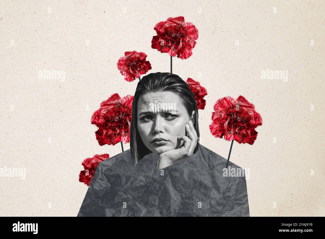 Creative collage picture young sad depressed woman red flowers blossom ...