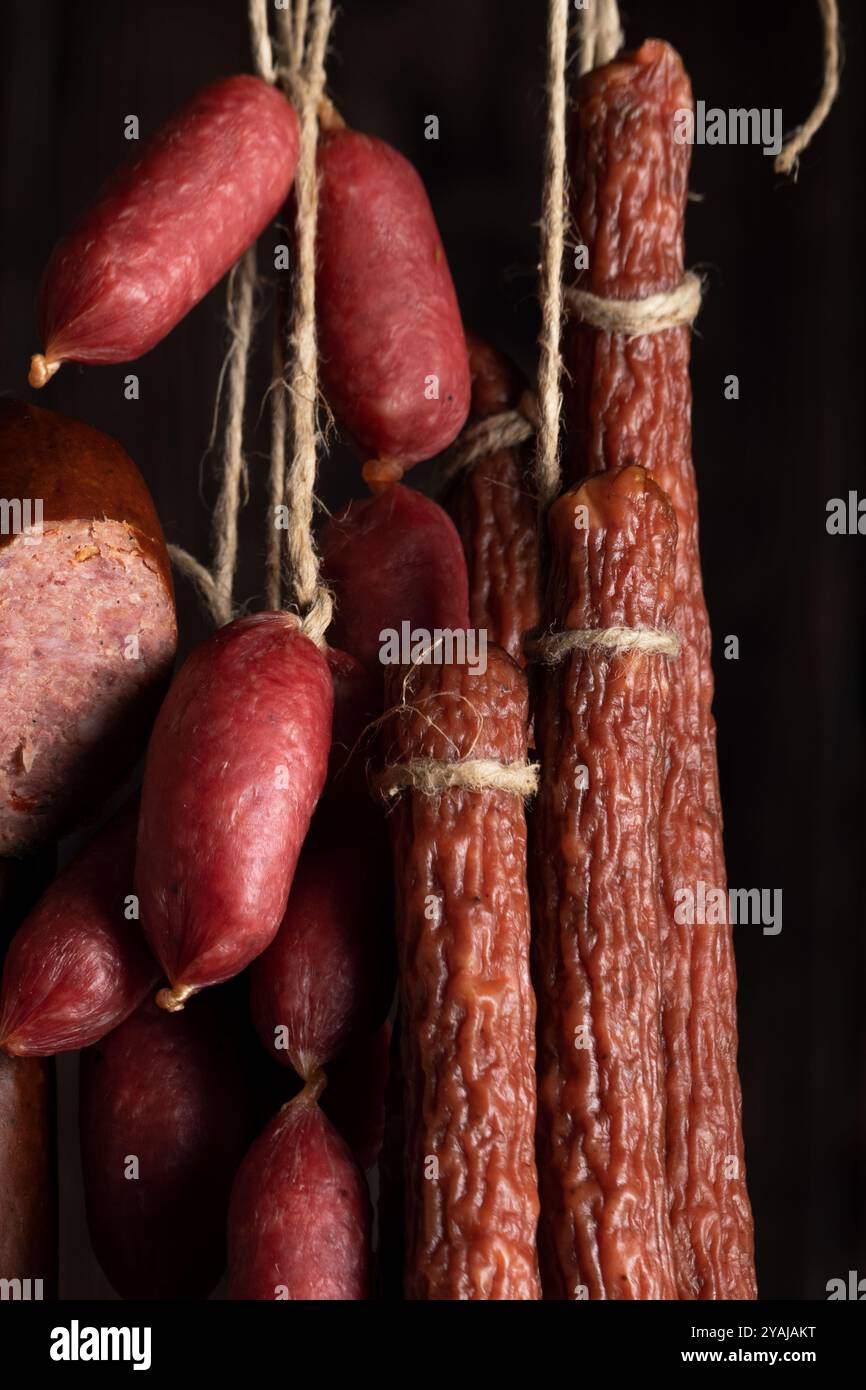 Salami assortment background, meat production, food industry Stock ...