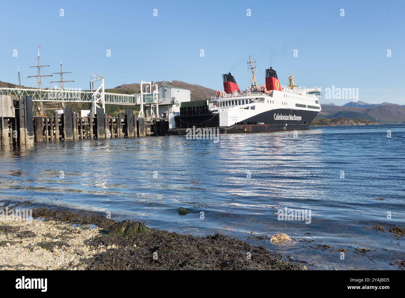 Village of Ullapool, Scotland. The Caledonian MacBrayne (Cal Mac) Loch ...