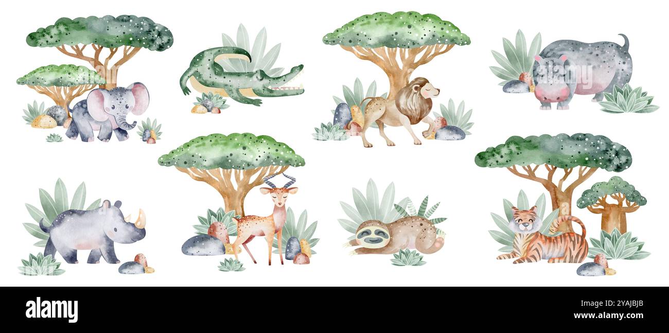 Watercolor wildlife animals set Stock Photo - Alamy