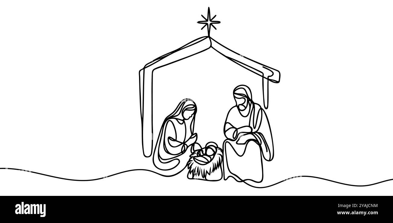 Continuous one line Christmas vector Christian nativity scene of baby ...