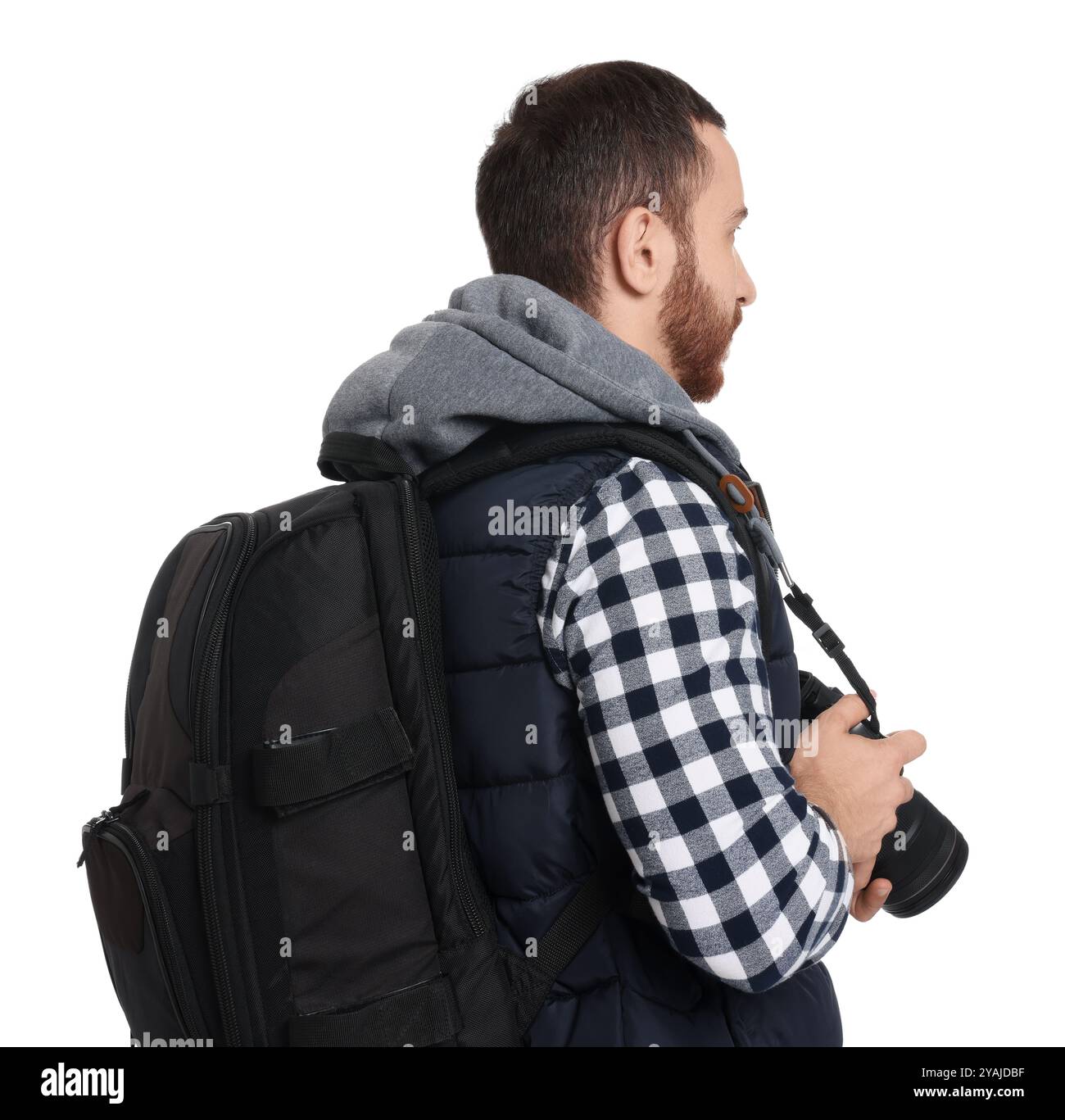 Photographer with backpack and camera on white background, back view ...