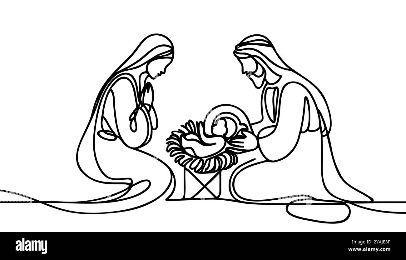 Continuous one line Christmas vector Christian nativity scene of baby ...