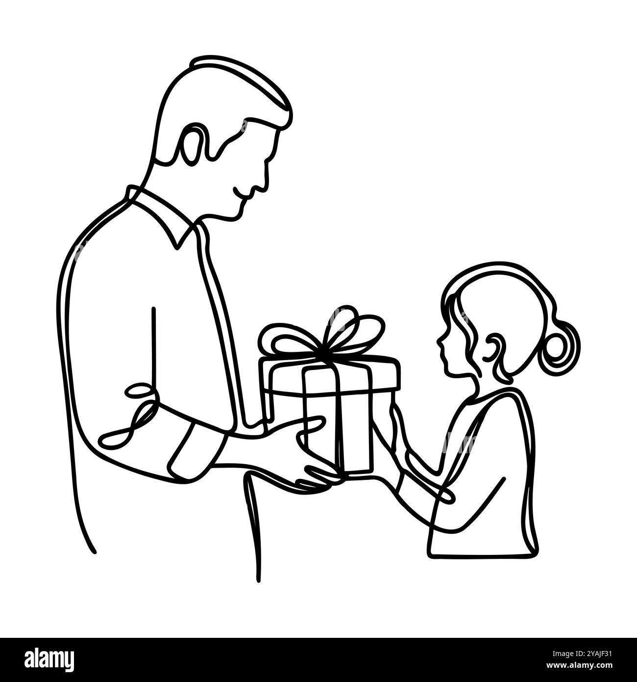 Continuous one line drawing of father giving gift to daughter, children ...