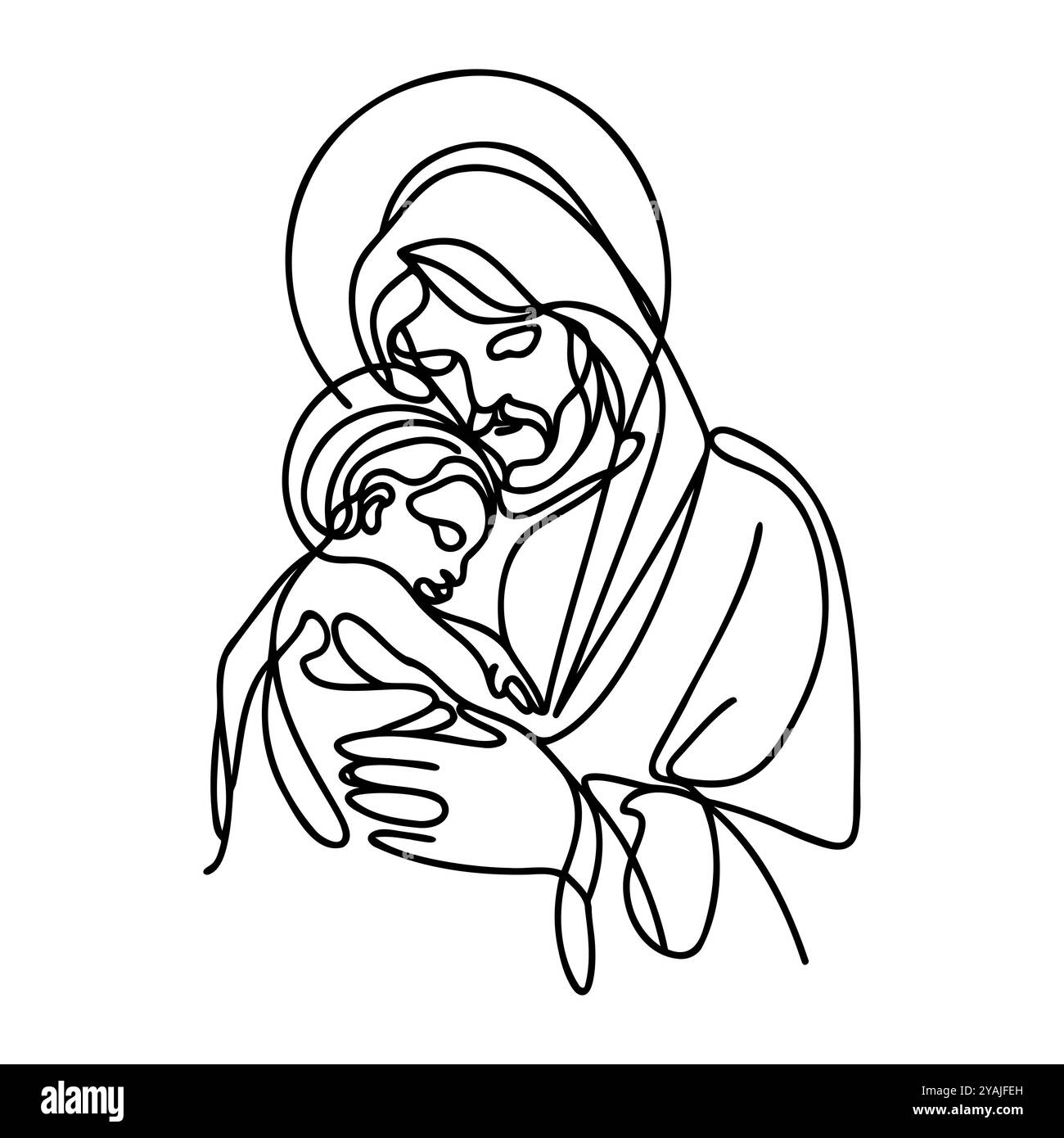 One continuous line drawing of a minimal Jesus Christ holding a baby in ...