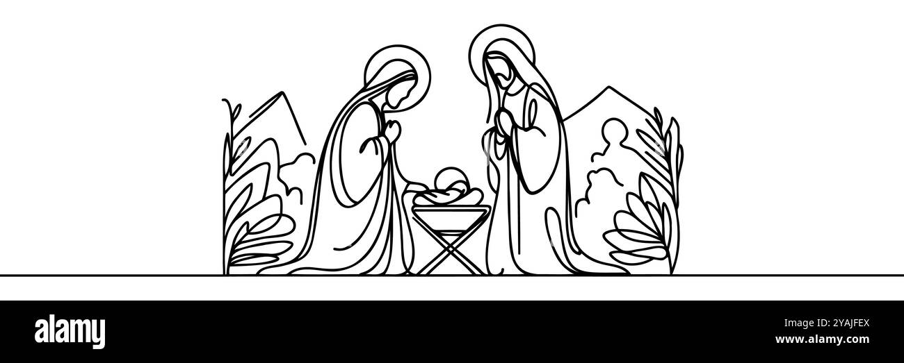 Continuous one line Christmas vector Christian nativity scene of baby ...