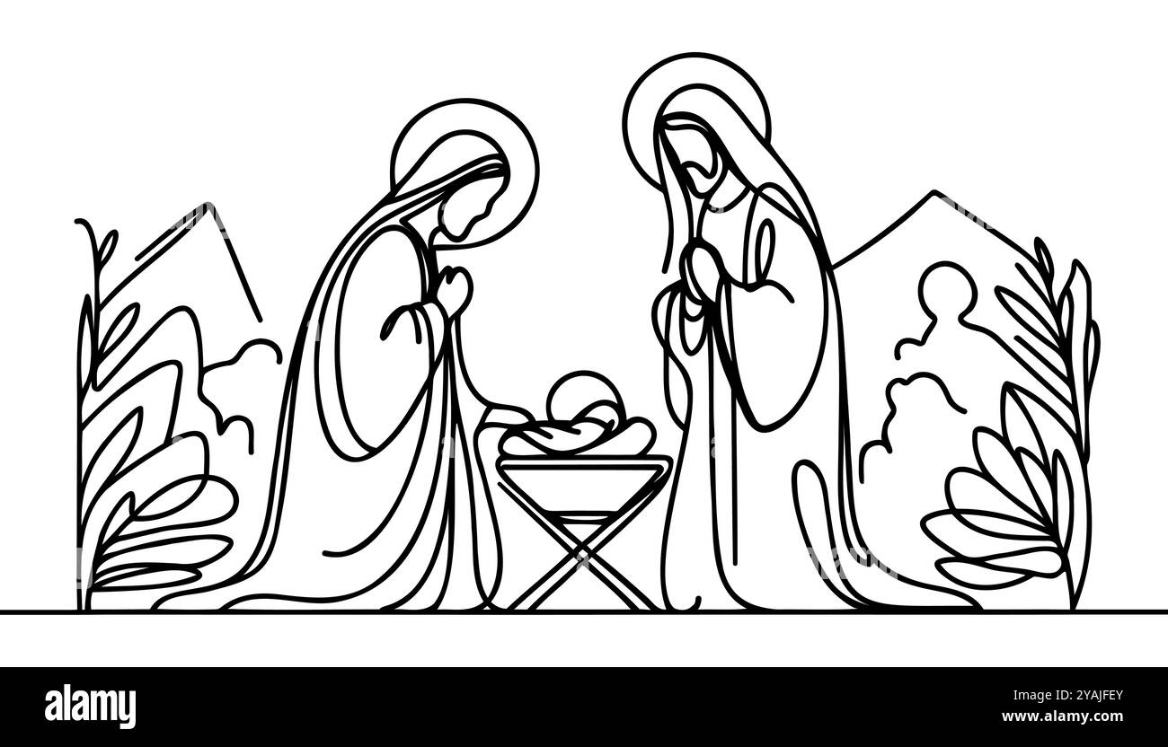 Continuous one line Christmas vector Christian nativity scene of baby ...