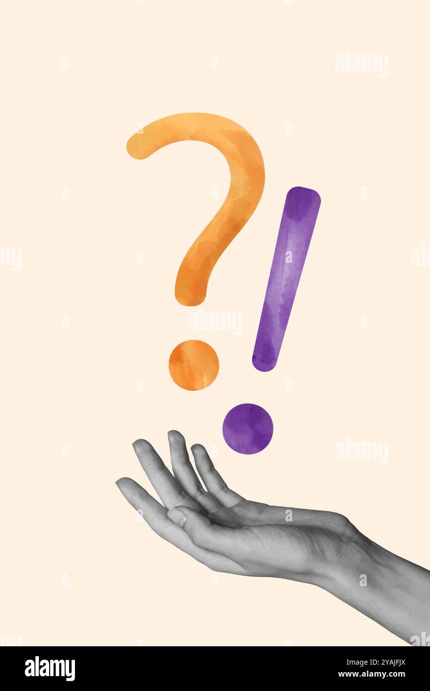 Vertical poster collage hand body fragment arm palm question mark ...