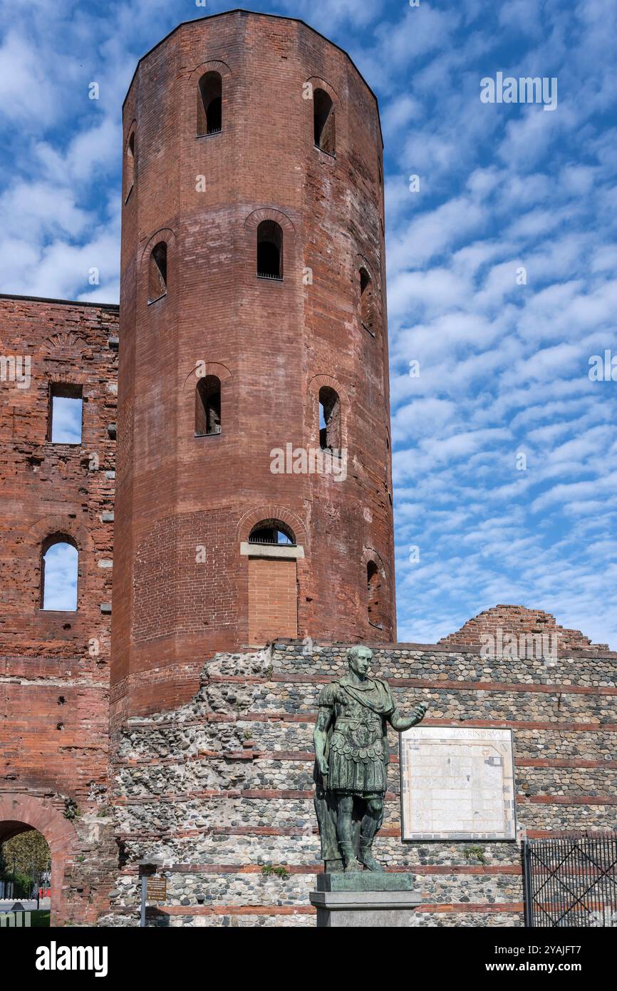 cityscape with Julius Caesar statue and sixteen sided tower at Porta ...