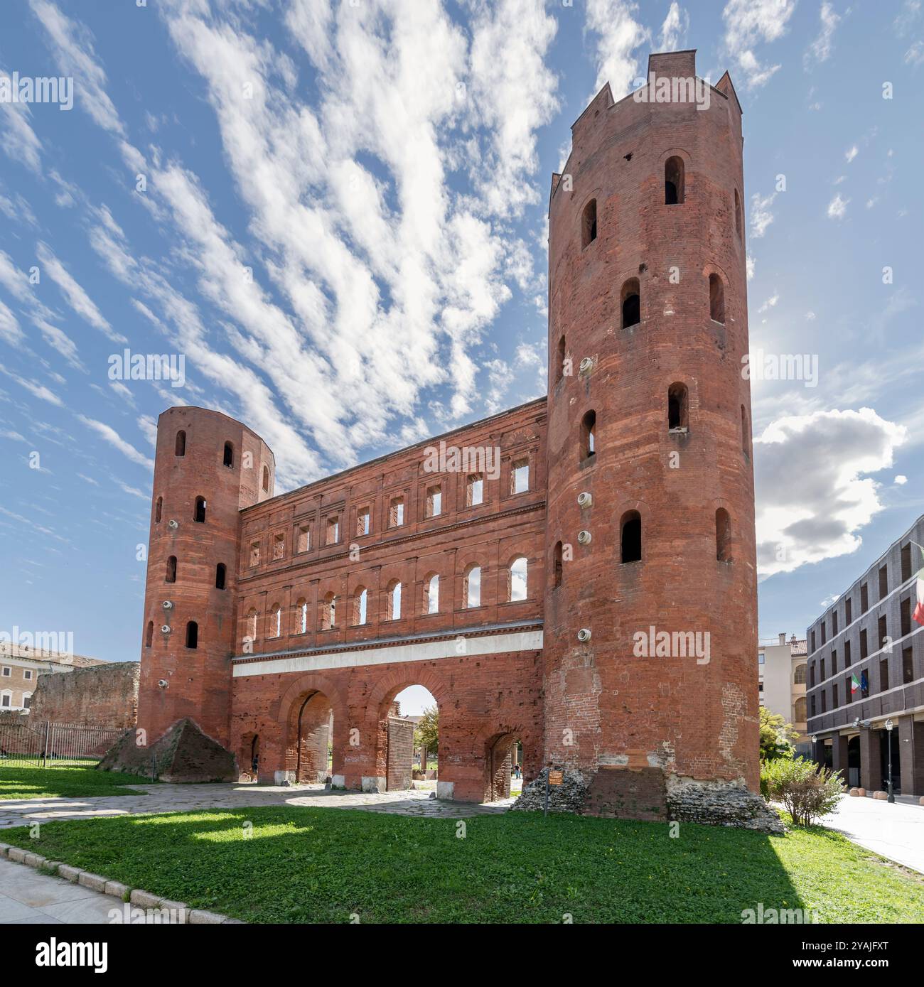 cityscape with outside view of Porta Palatina, Augusta Taurinorum Roman ...