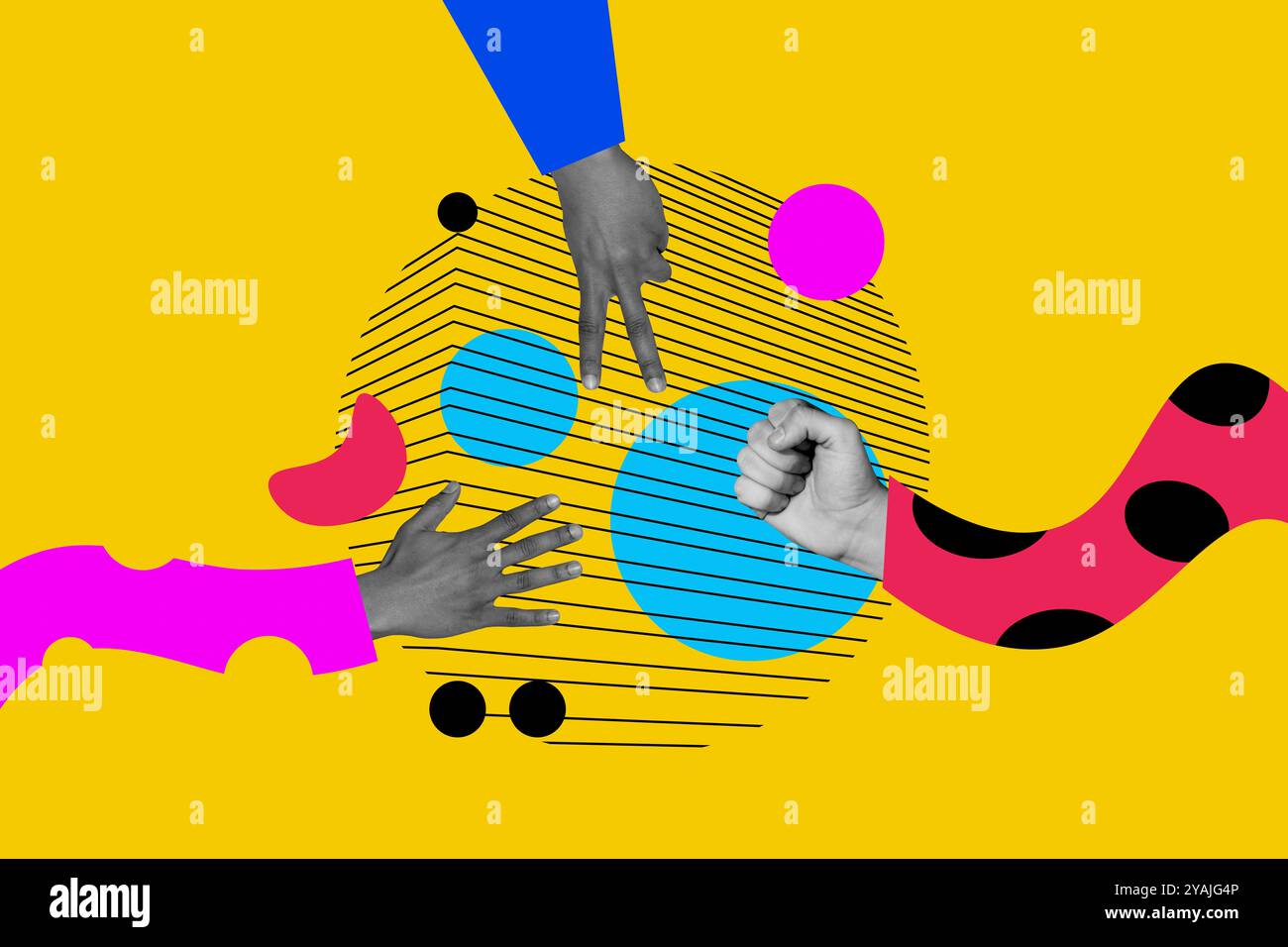 Composite photo collage of friends battle play rock paper scissors game ...