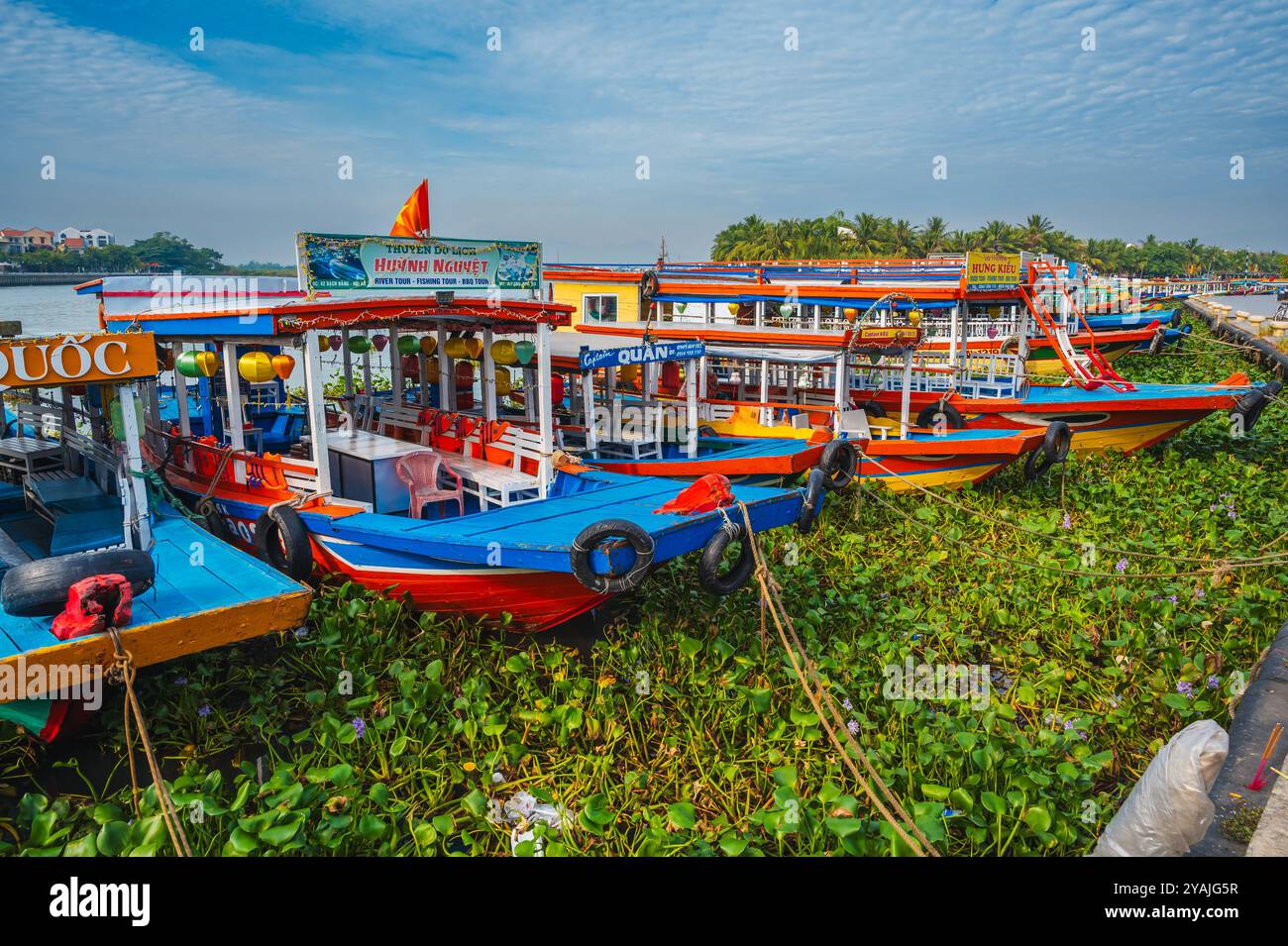Traditional Vietnamese boats on the Thu Bon River in the old town in ...