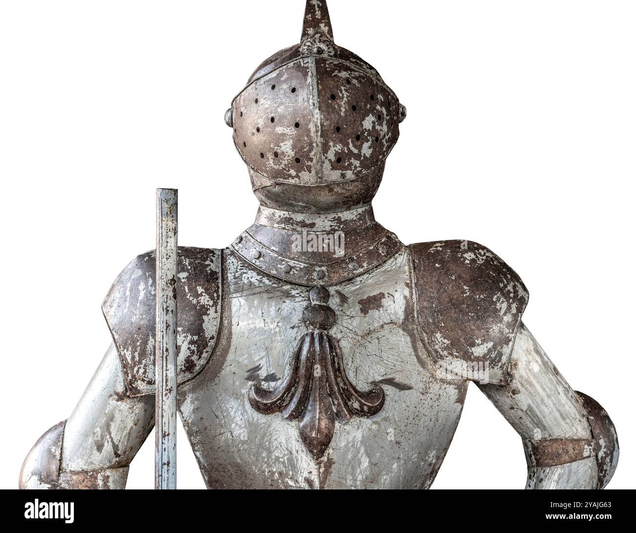 Portrait of a old rusted medieval british grand armour on a white ...