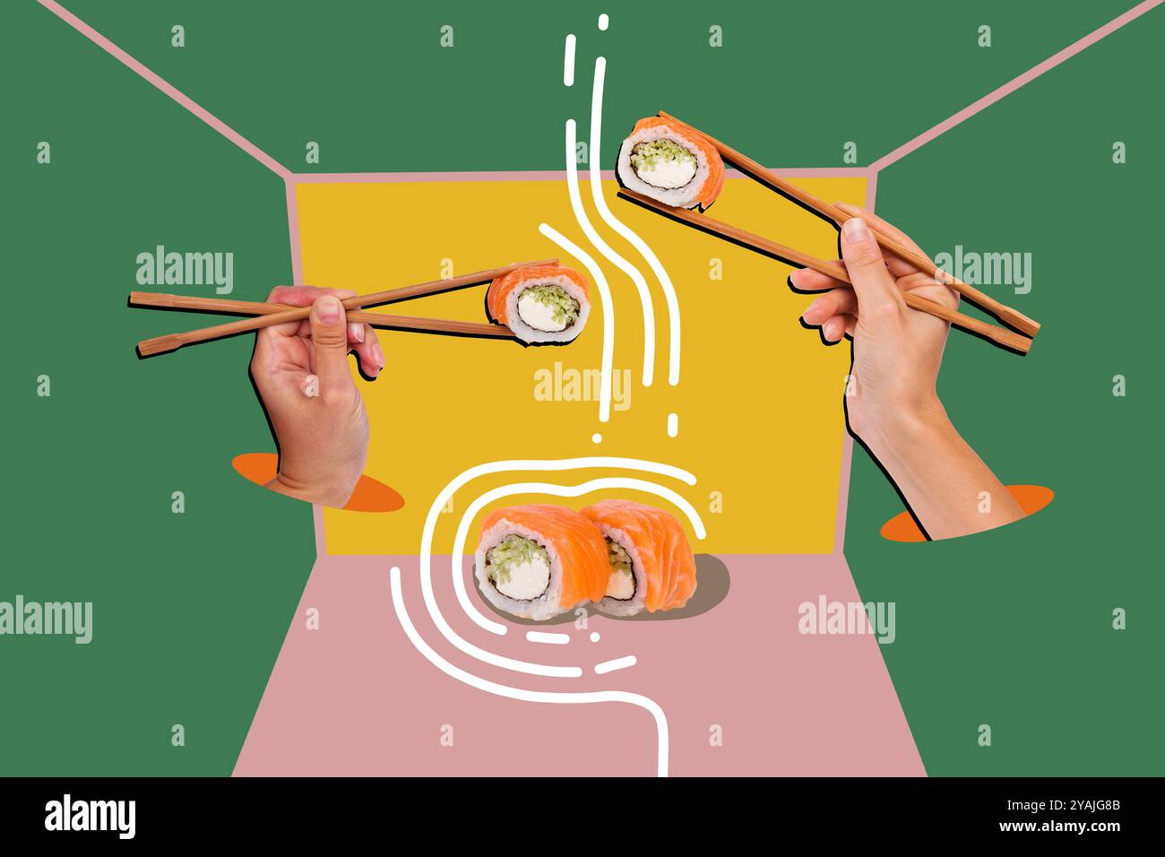 Creative collage picture hands body fragments hold sushi seafood fish ...