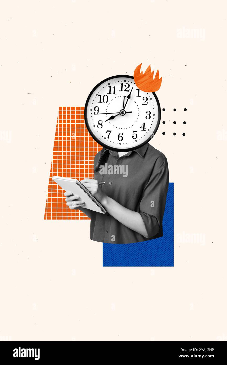 Vertical photo collage of anonym girl instead head alarm clock dial ...