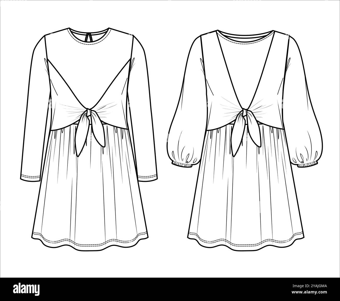 Vector long sleeved dress technical drawing, woman mini dress with bow ...