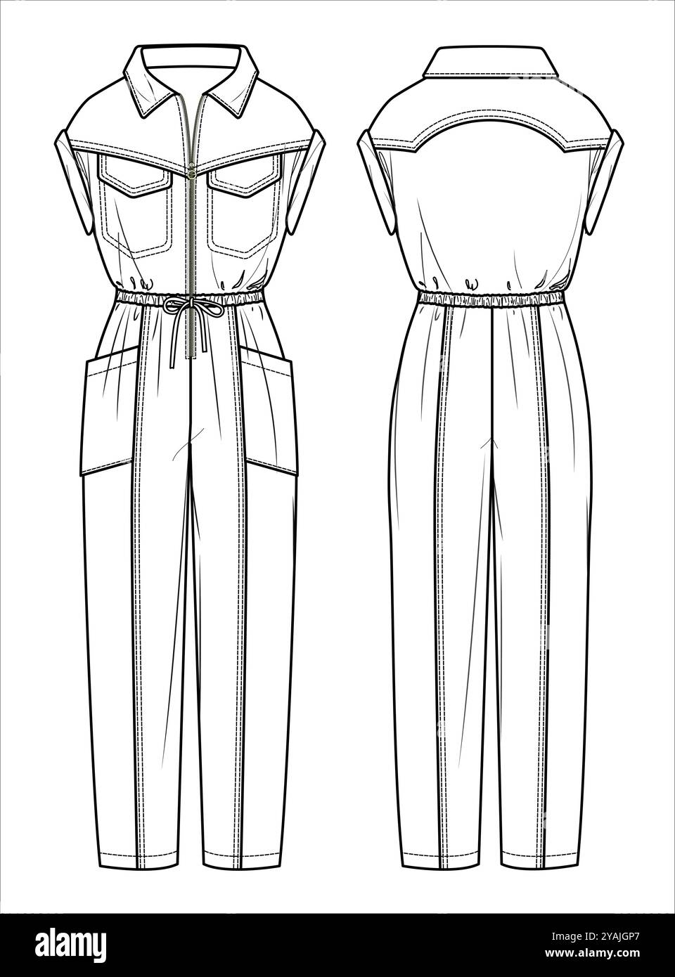 Vector woman drop shoulder jumpsuit technical drawing, sleeveless ...