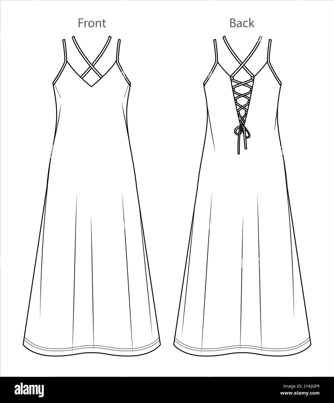 Vector maxi dress with shoulder straps technical drawing, woman V-neck ...