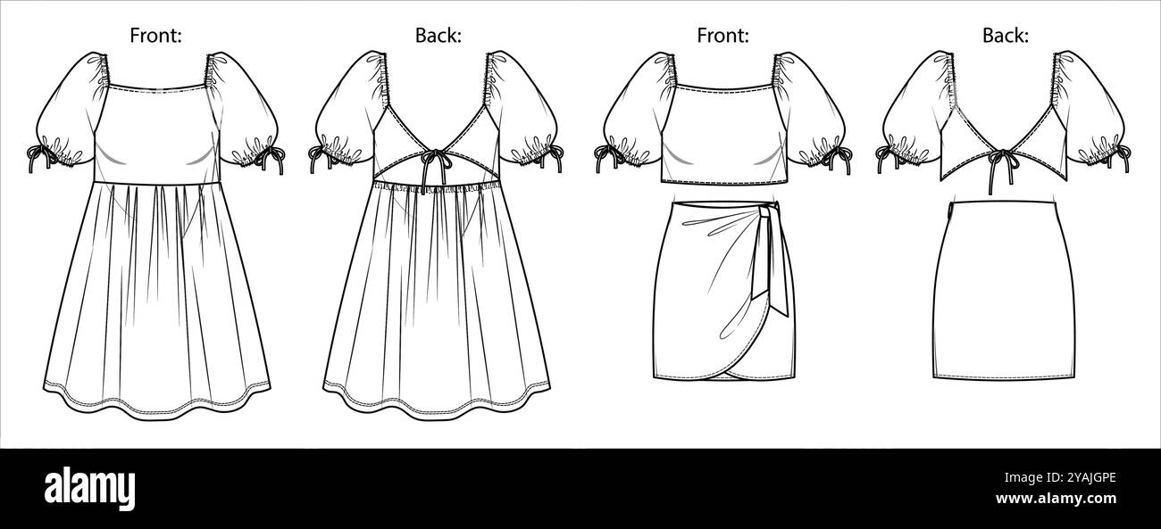 Vector short sleeve square neck mini dress technical drawing, woman ...