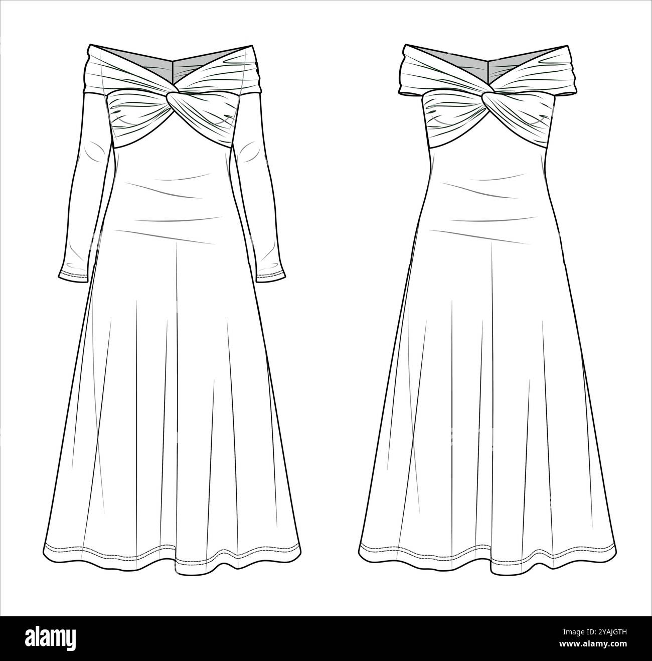 Vector maxi bohemian dress fashion CAD, woman flared off shoulder long ...