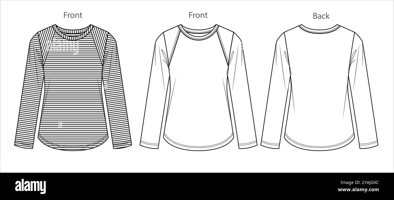 Vector long sleeved T-Shirt fashion CAD, woman round neck t-shirt technical drawing, striped ...