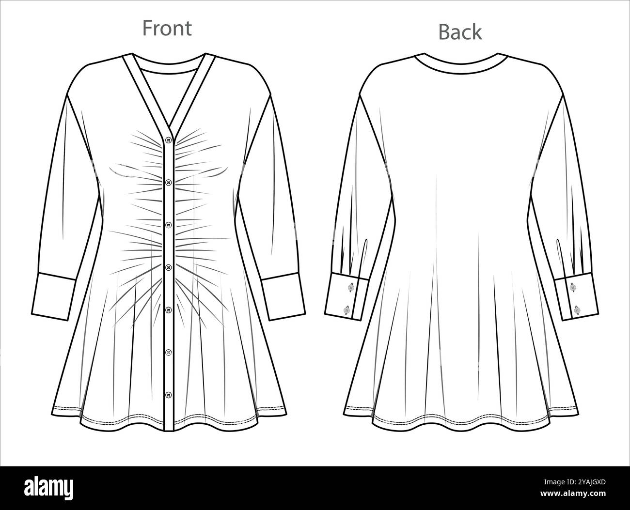 Vector long sleeve mini dress fashion CAD, woman Vneck shirt dress ...