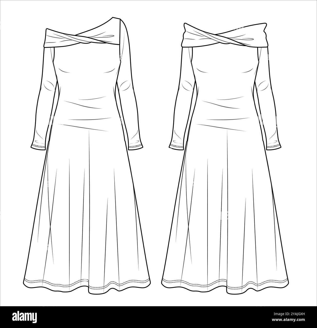 Vector maxi bohemian dress fashion CAD, woman flared off shoulder long ...