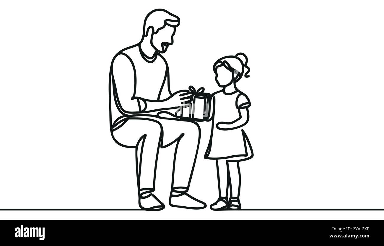 Continuous one line drawing of father giving gift to daughter, children ...