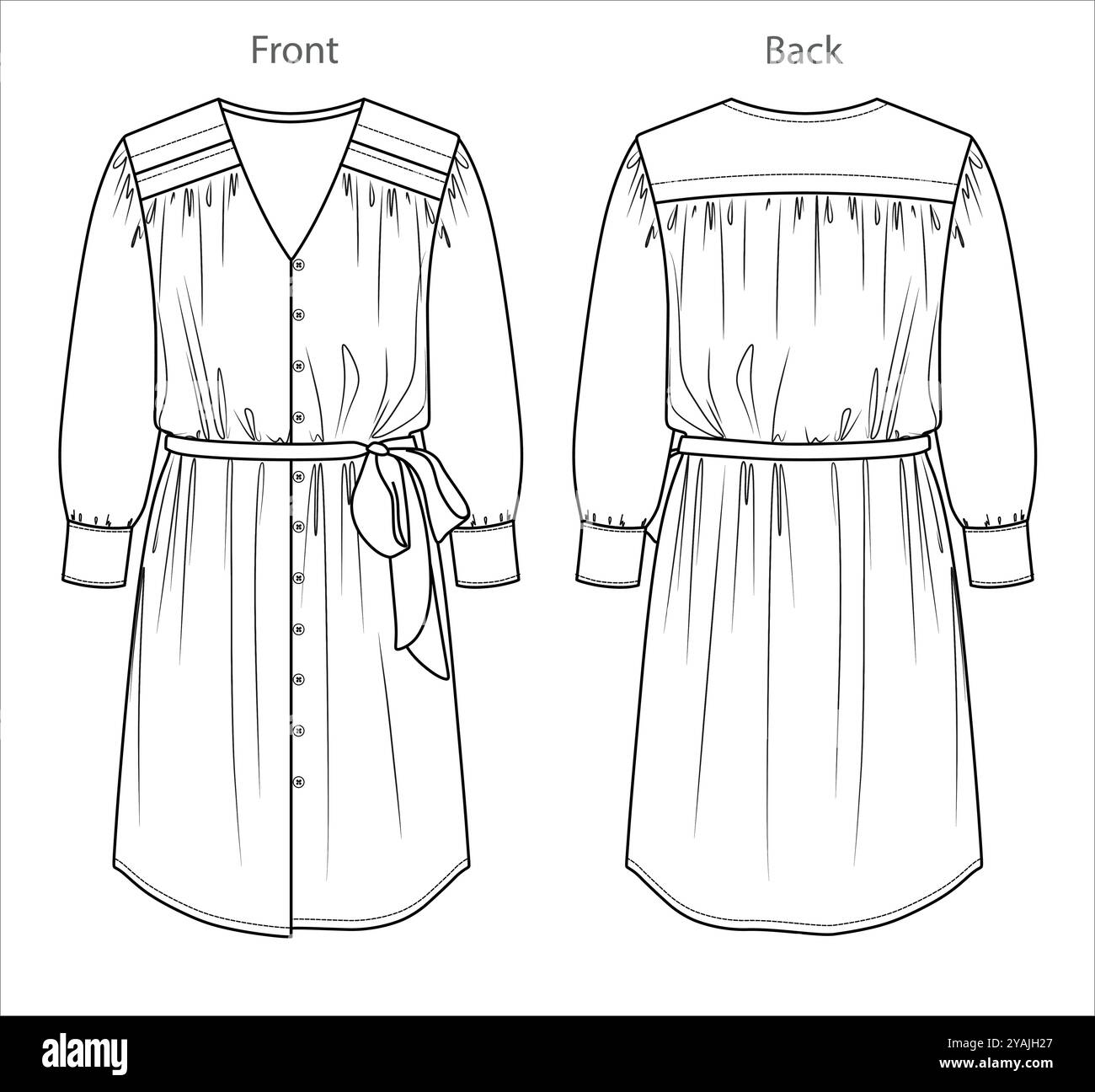 Vector long sleeved dress technical drawing, woman mini dress with bow ...