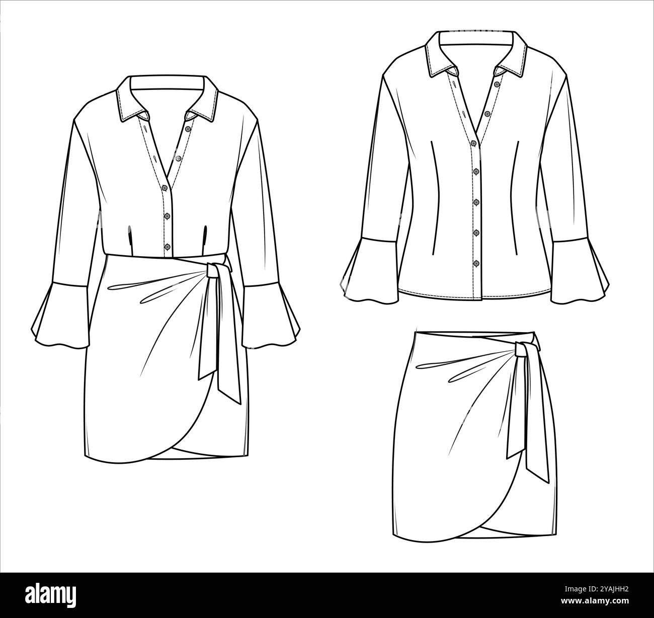 Vector wrap long sleeved mini shirt dress fashion CAD, woman v-neck ...