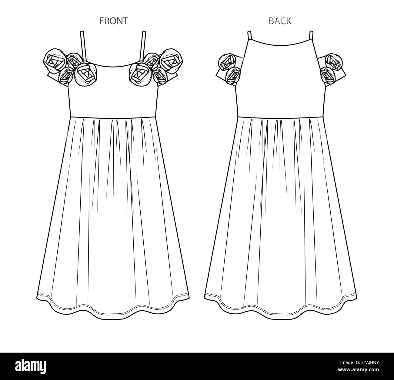 Vector flared long dress fashion CAD, woman midi dress with shoulder ...